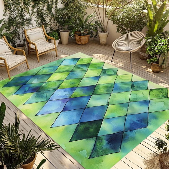 Abstract Ombre Green Blue Outdoor Rug, Geometric Art Non-Slip Area Rugs ...