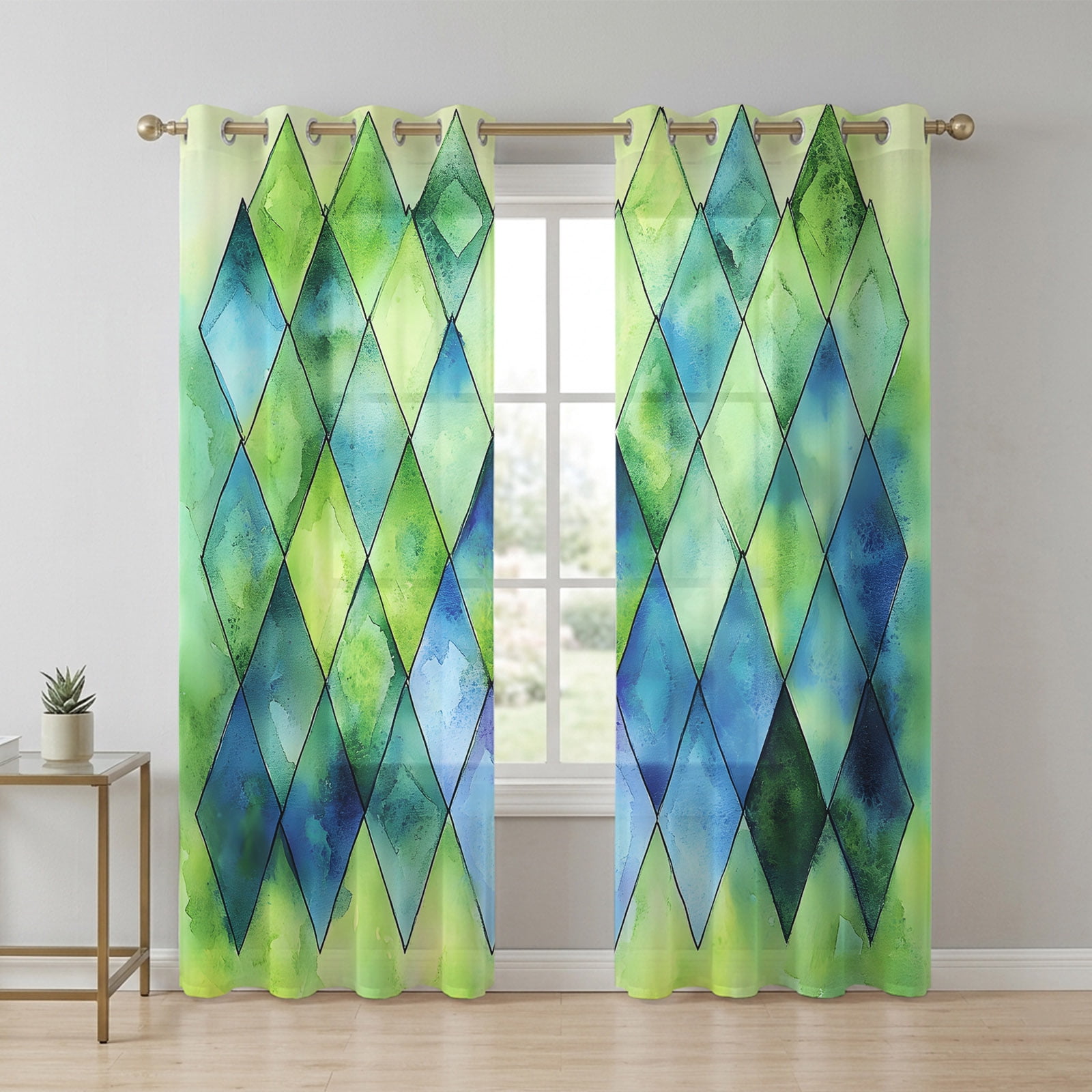 Abstract Ombre Green Blue Sheer Curtains 84 Inch Long 2 Panels ...