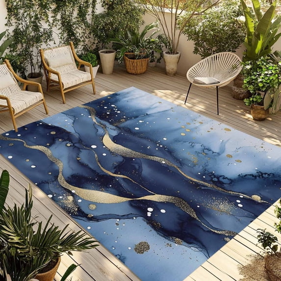 Abstract Ombre Navy Blue Gold Marble Outdoor Rug, Nautical Non-Slip ...