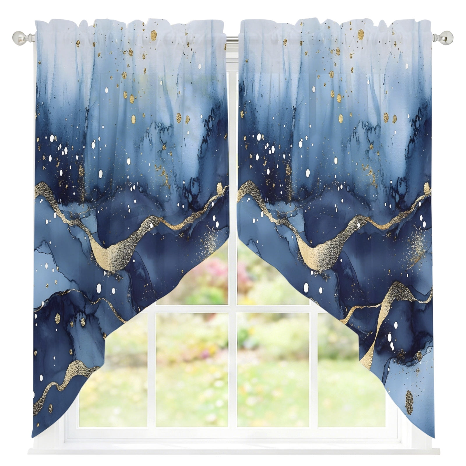 Abstract Ombre Navy Blue Gold Marble Sheer Curtains Swag Valances for ...