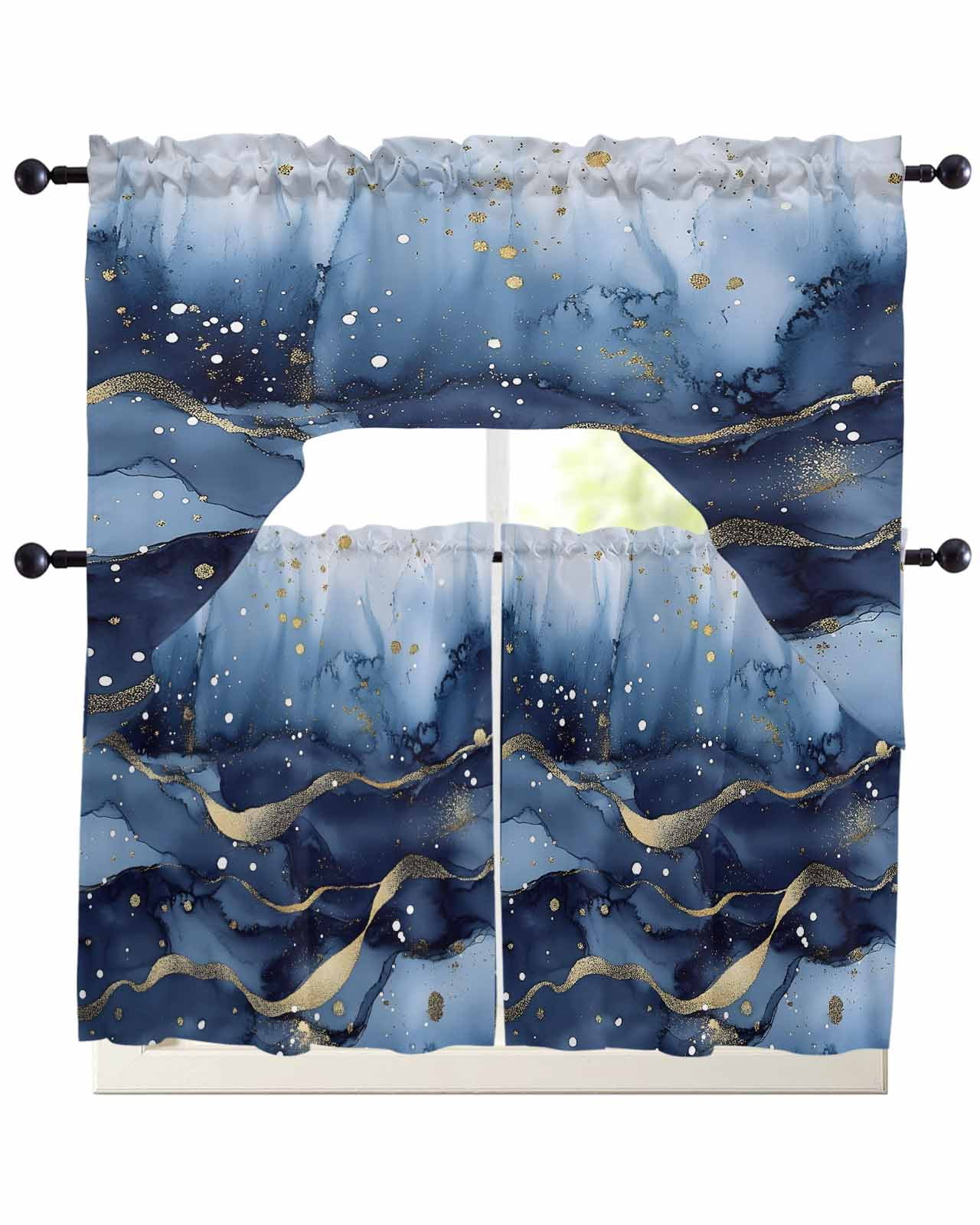 Abstract Ombre Navy Blue Gold Marble Swag Valance and Tier Curtains Set ...