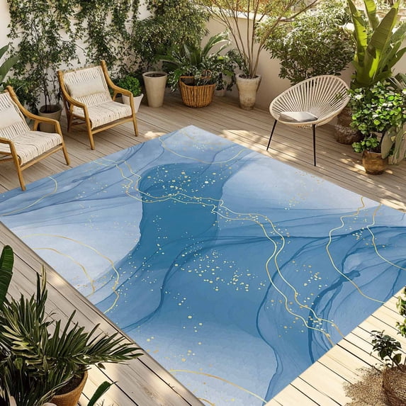 Abstract Ombre Outdoor Rug, Light Blue Marble Texture with Golden Line ...