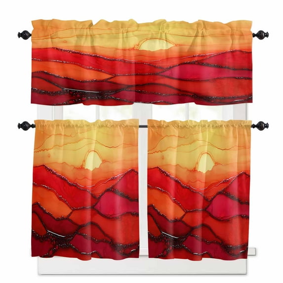 Abstract Ombre Red Wave Ocean Kitchen Curtains Valance and Tier Set Sky ...