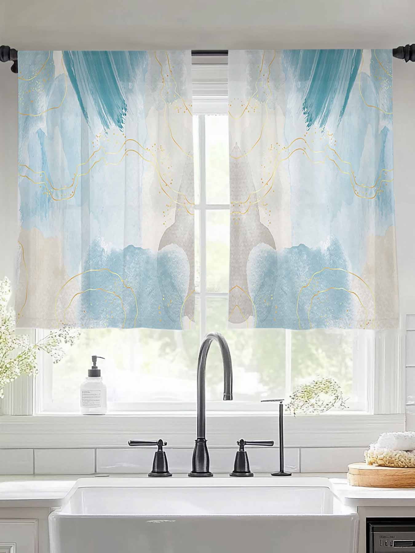Abstract Ombre Sheer Curtains 45 inches Long 2 Panels Set Blue Marble ...