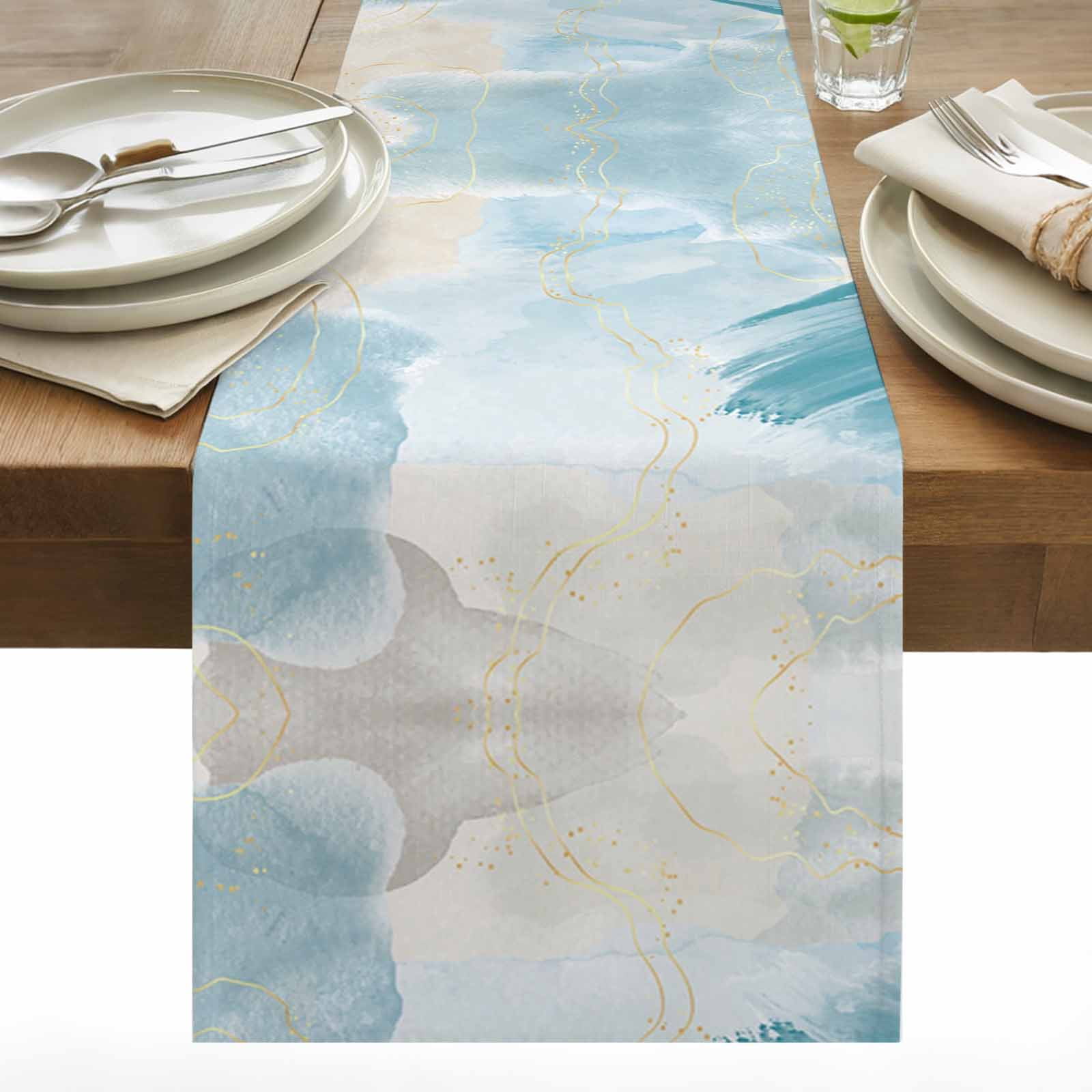 Abstract Ombre Table Runner 13x48 inch Blue Marble Texture with Golden ...