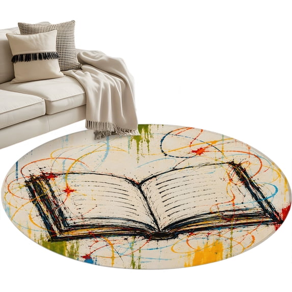 Abstract Open Book Round Rug 4ft Washable Circle Entryway Rugs Non Slip ...