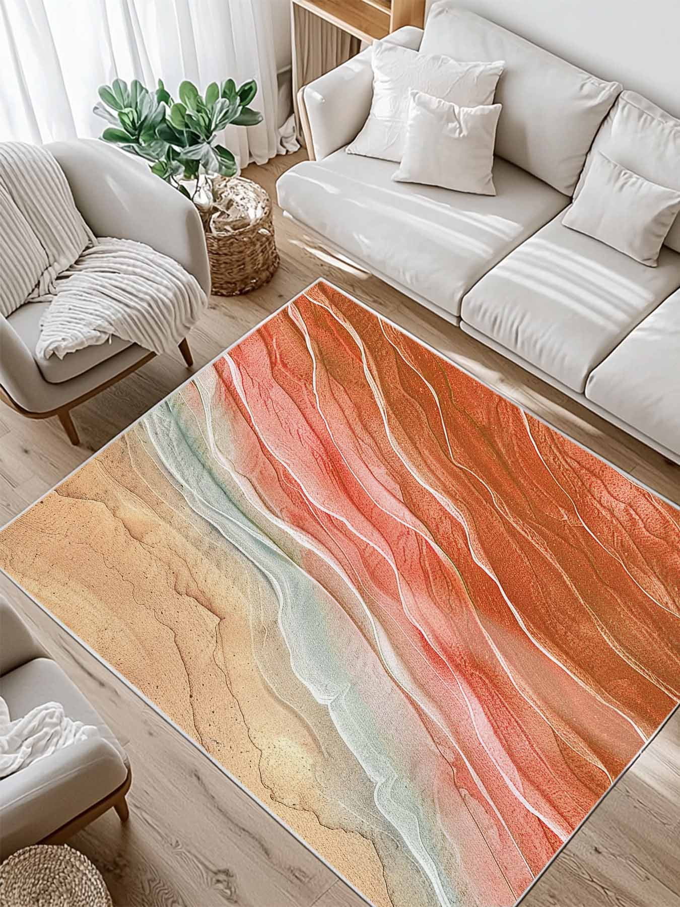 Abstract Orange Area Rug for Bedroom 4x6 Ft Ocean Beach Lines Waves ...