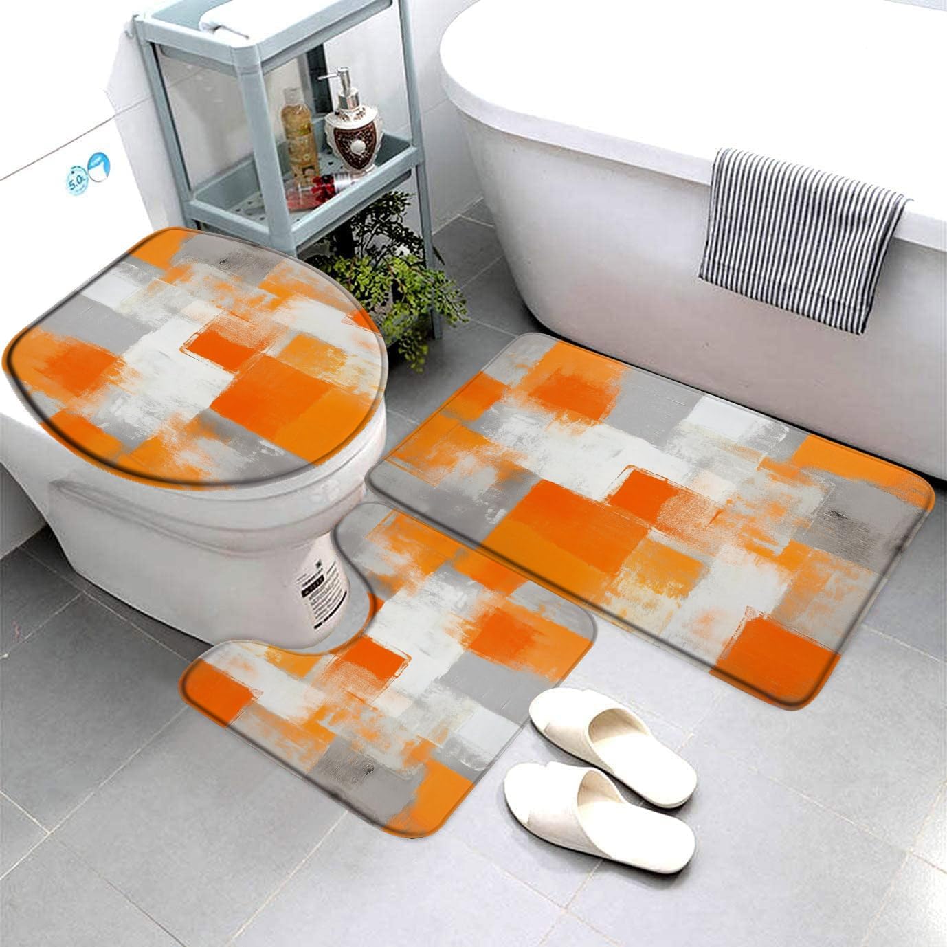Abstract Orange Bath Mat 3 Piece Set Bathroom Rugs Burnt Orange Brown ...