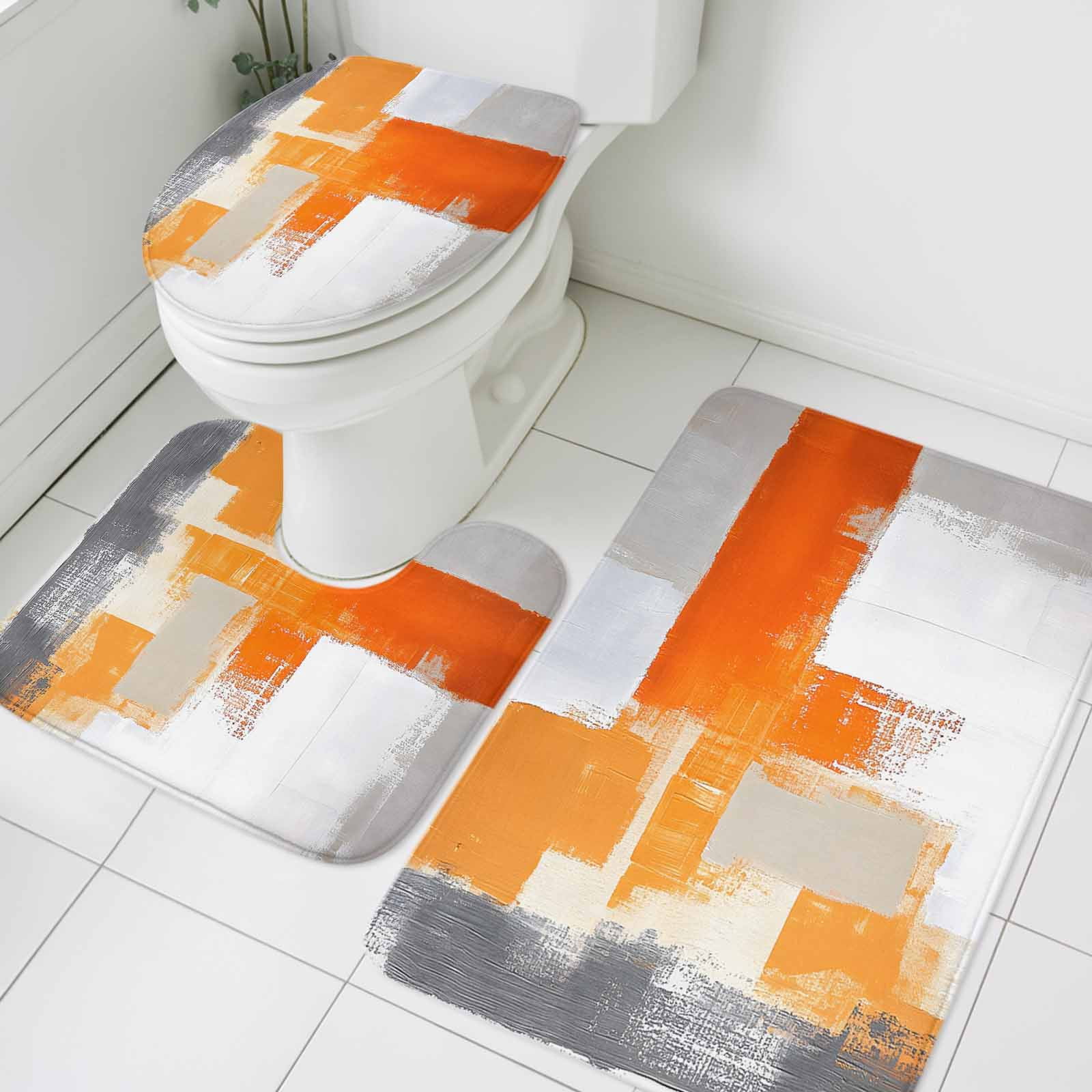 Abstract Orange Bathroom Rugs Set Gray Graffiti Color Block Geometric ...