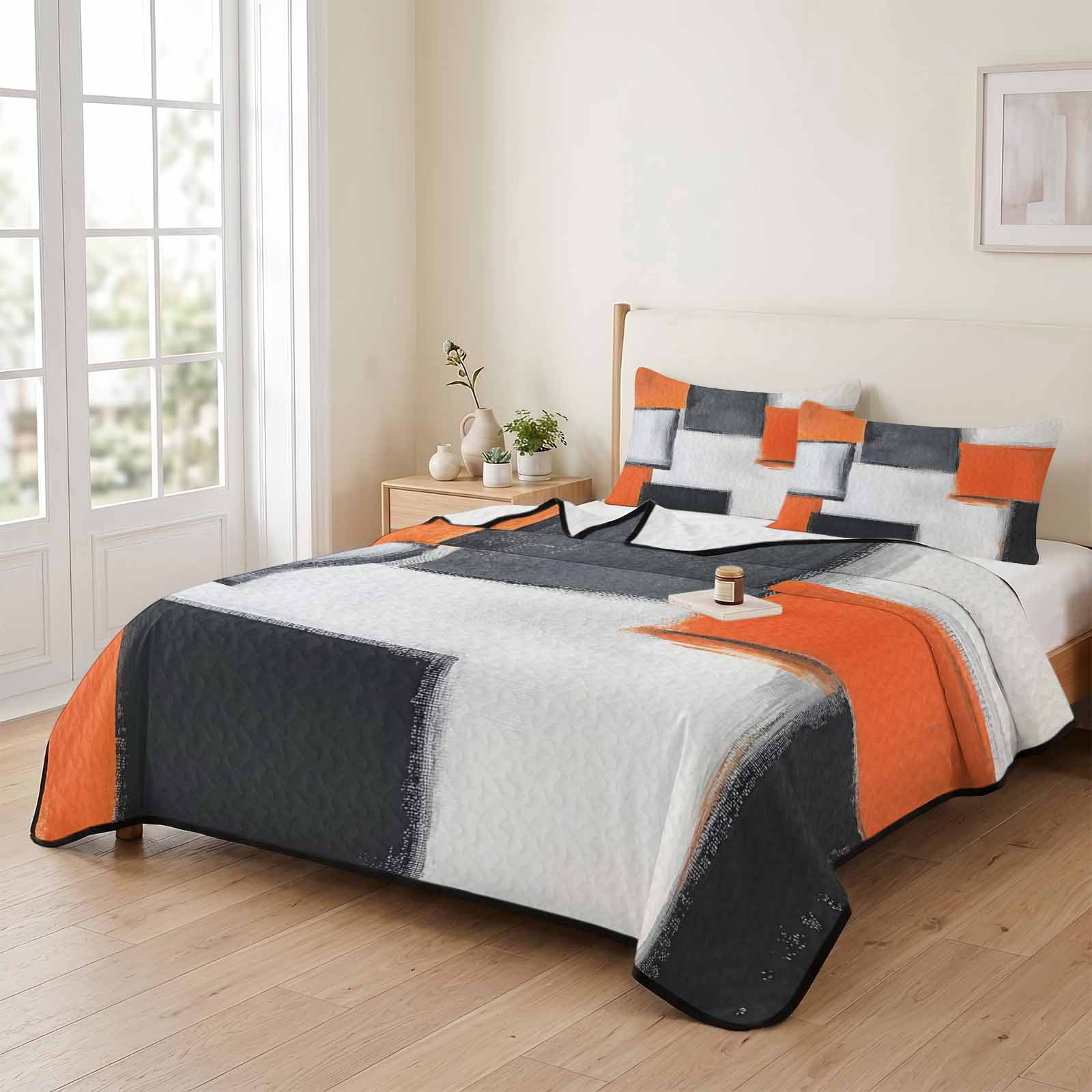 Abstract Orange Black Grey Block 3 Pieces Quilt Set,1 Quilt with 2 ...