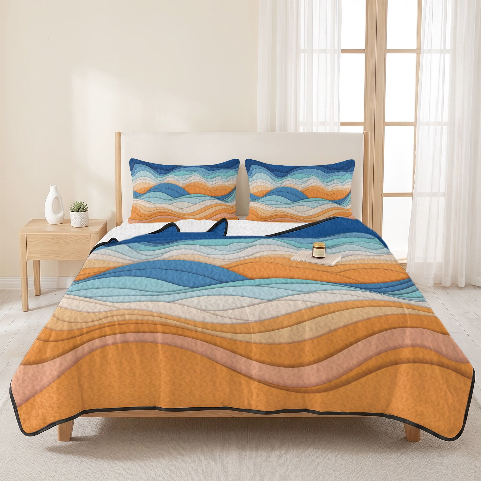 Abstract Orange Blue Ocean Waves 3 Pieces Quilt Set,1 Quilt with 2 ...