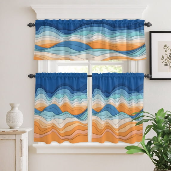 Abstract Orange Blue Ocean Waves Curtain Tier and Valance Set 3 Piece ...