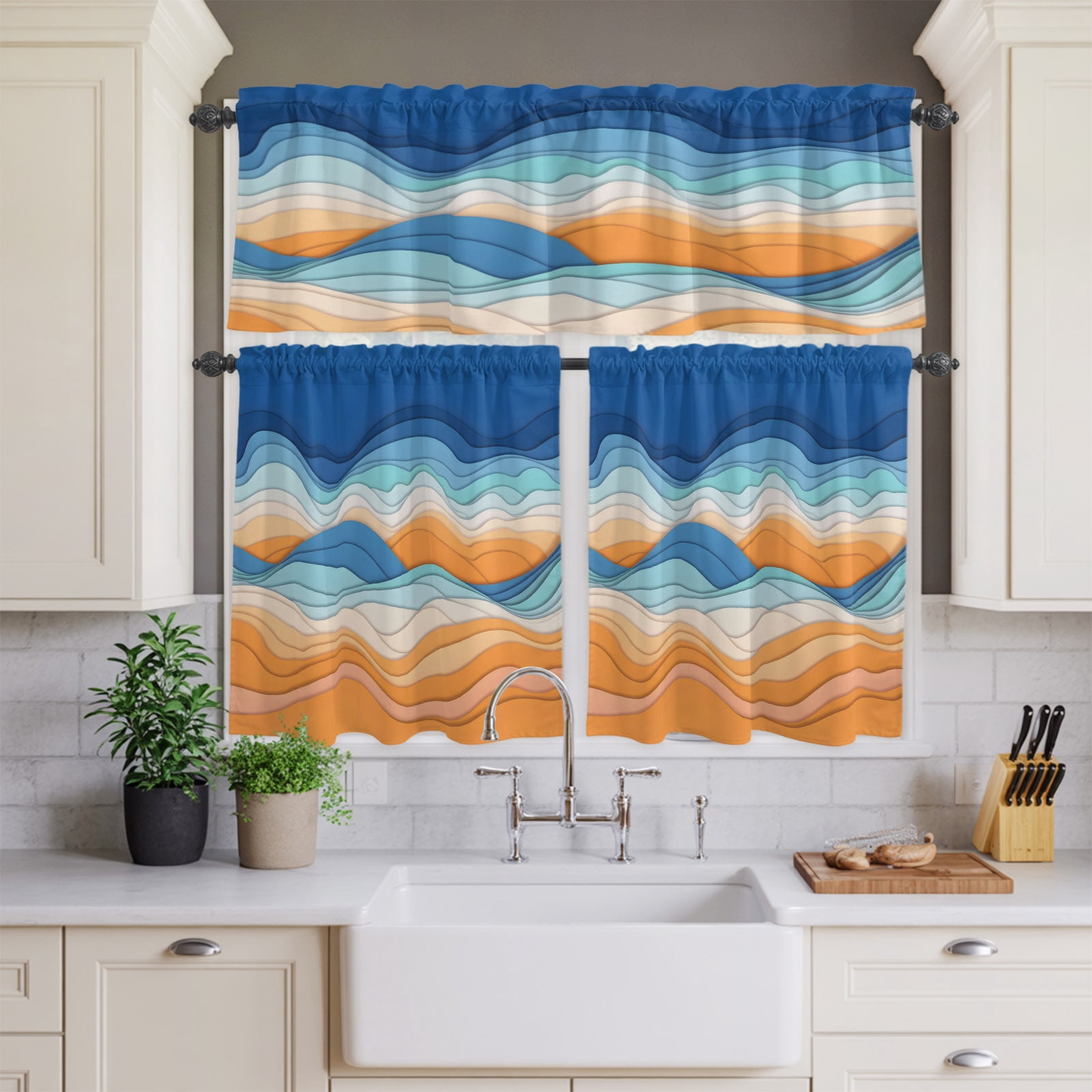 Abstract Orange Blue Ocean Waves Curtain Tier and Valance Set 3 Piece ...