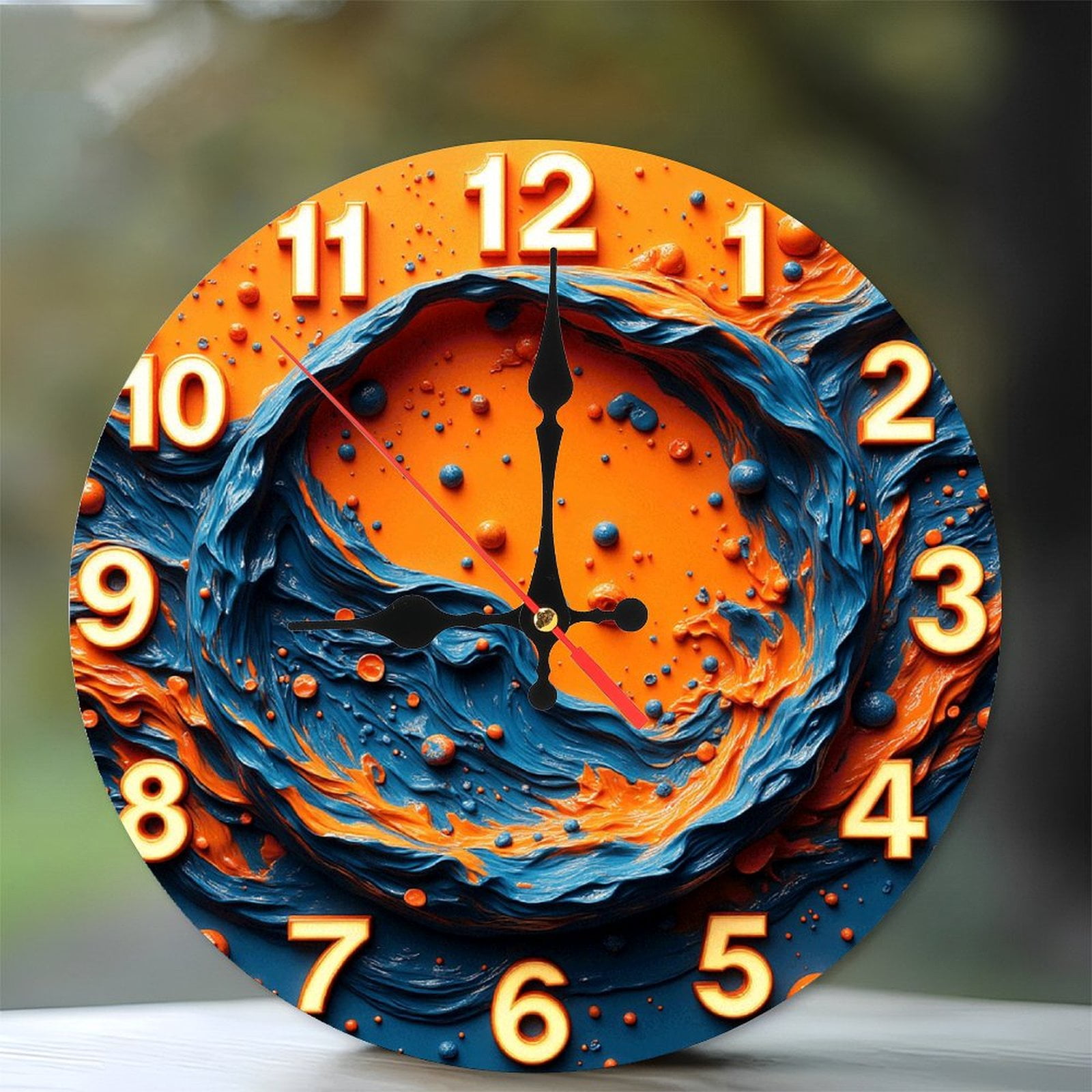 Abstract Orange Blue Paint Clock Wall Decor 10-Inch Silent Wooden Wall ...