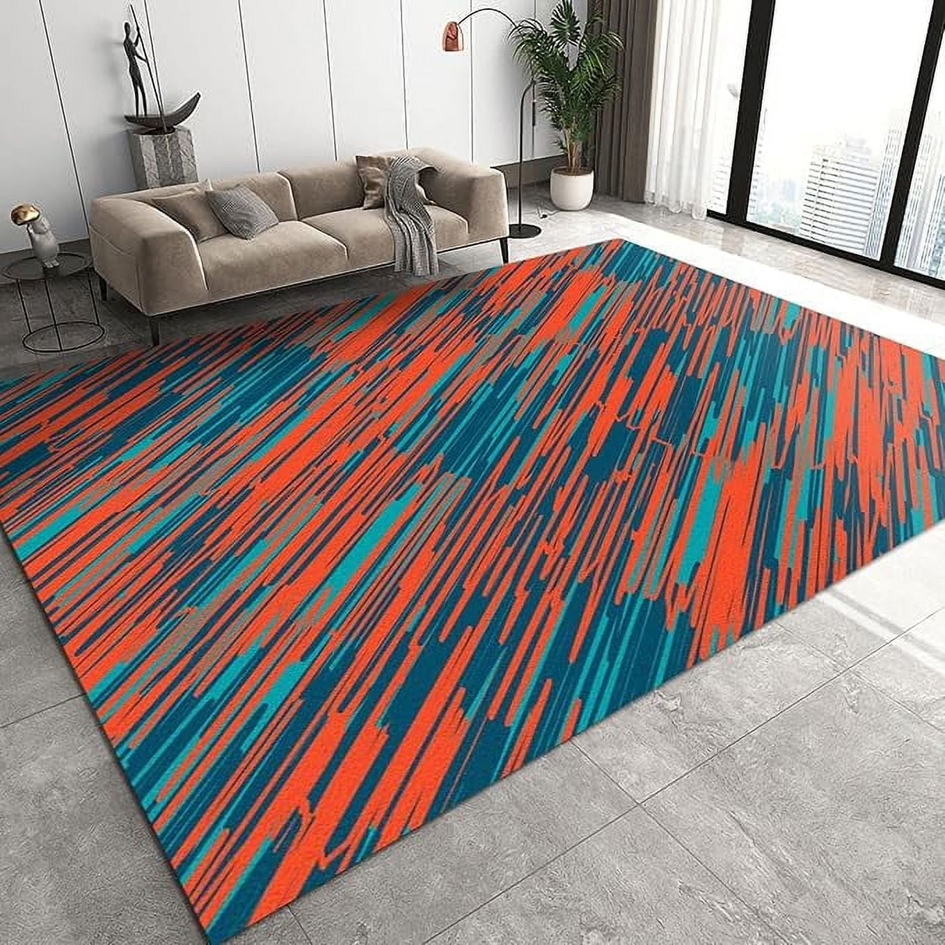 Abstract Orange Blue Stripes Area Rug, Texture Living Room Rugs, Easy ...