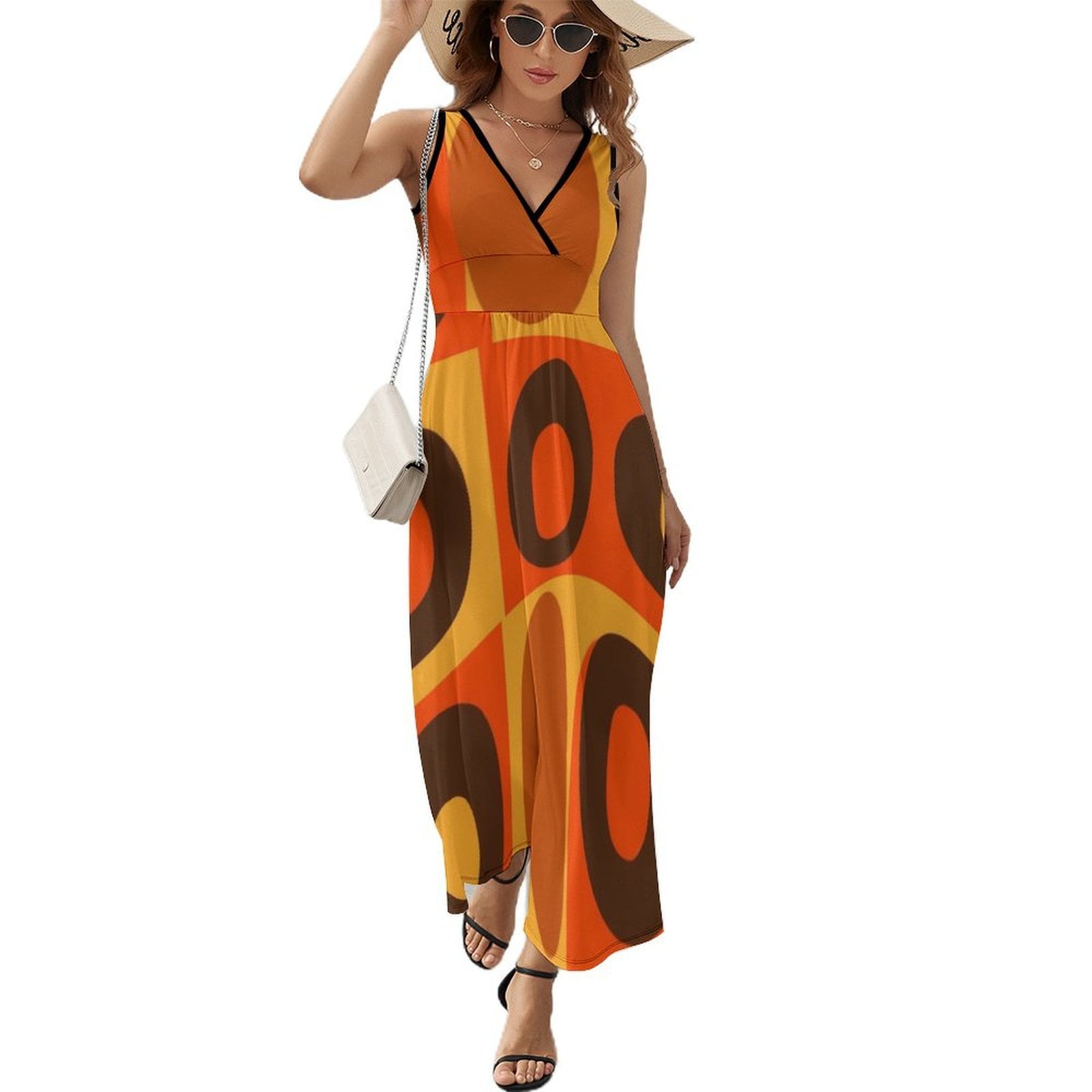 Abstract Orange Brown Circles Pattern Dress Fashion Boho Beach Long ...