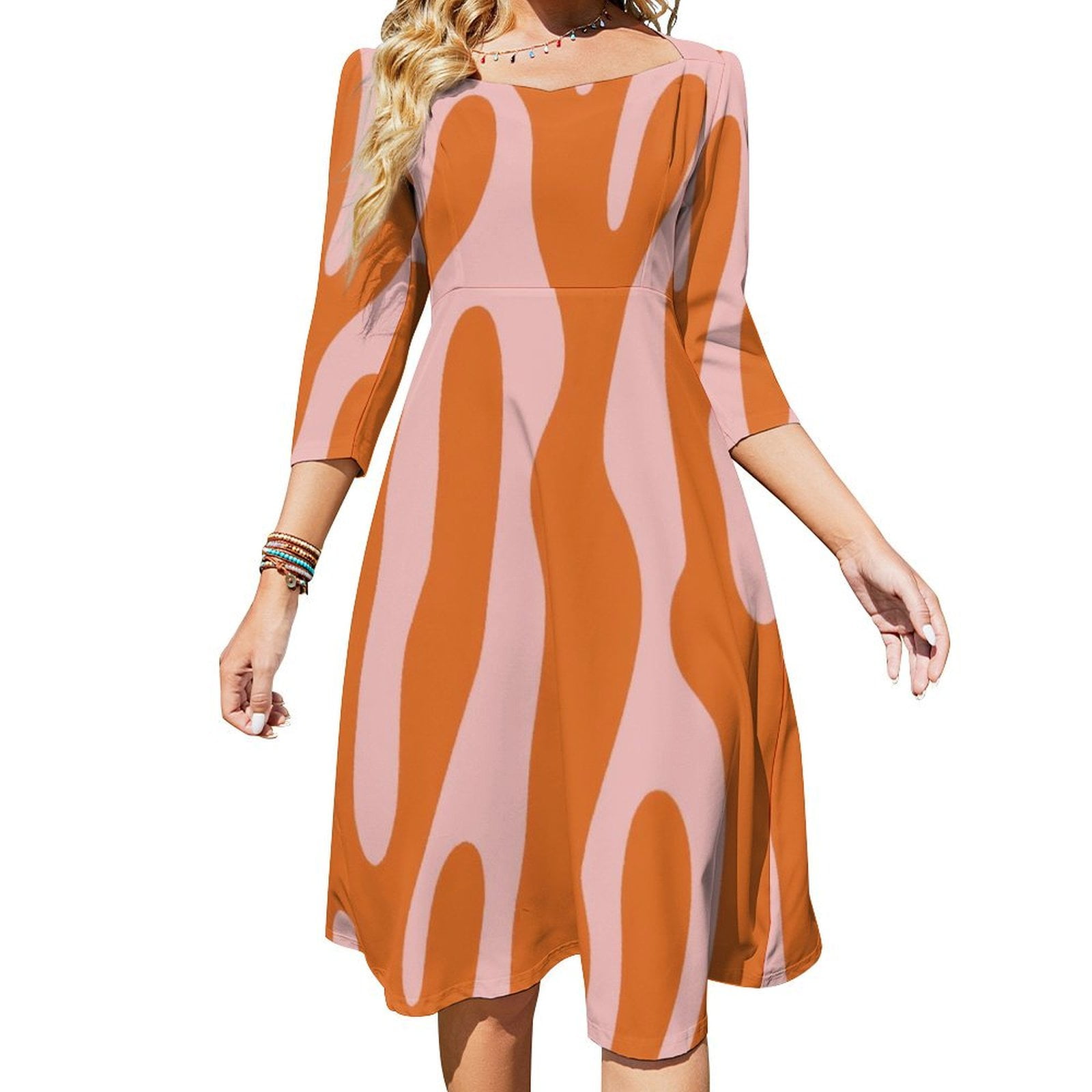 Abstract Orange Coral Art Print Women's Fall Dresses Casual Loose Flowy ...