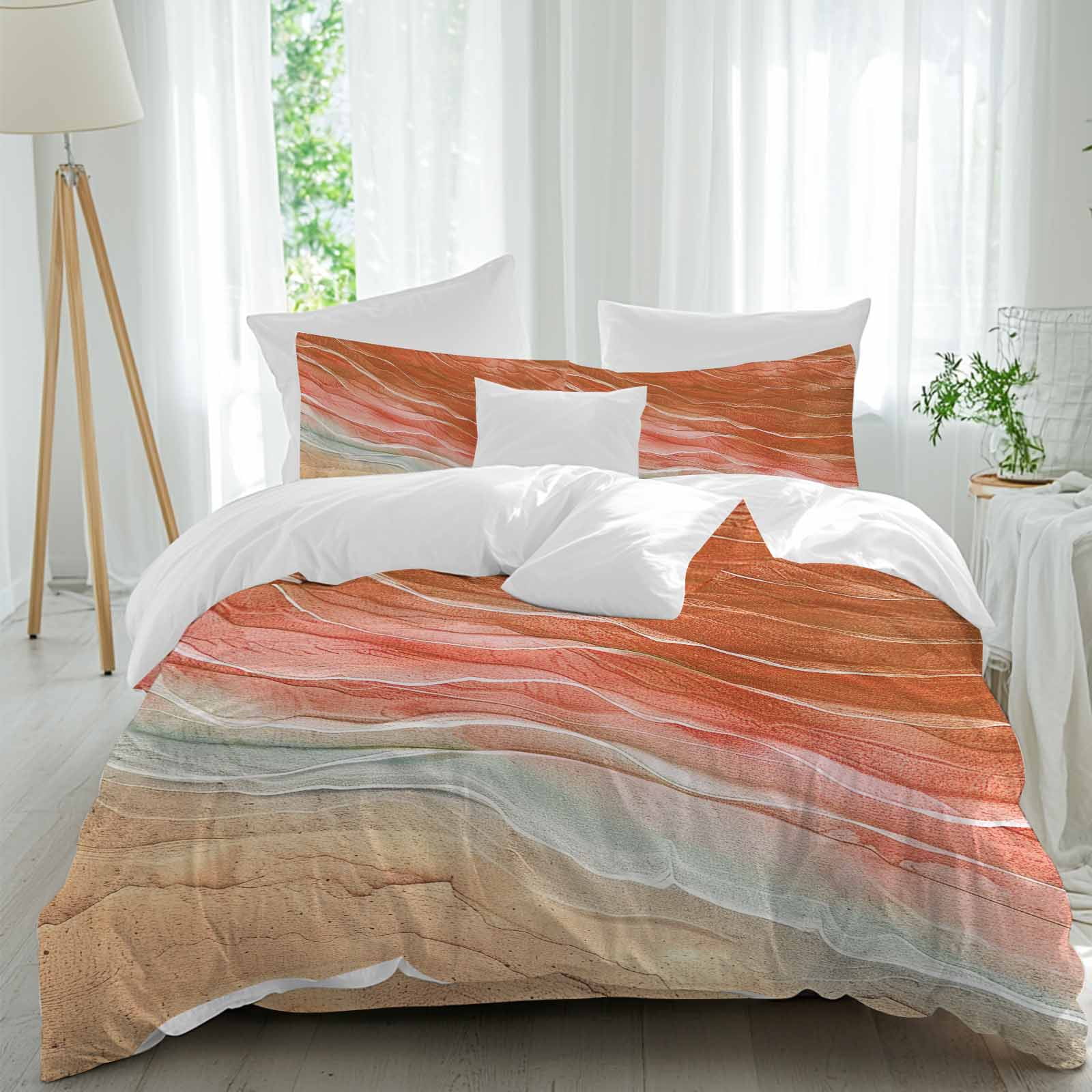 Abstract Orange Duvet Cover Set Full Size, Ocean Beach Lines Waves ...