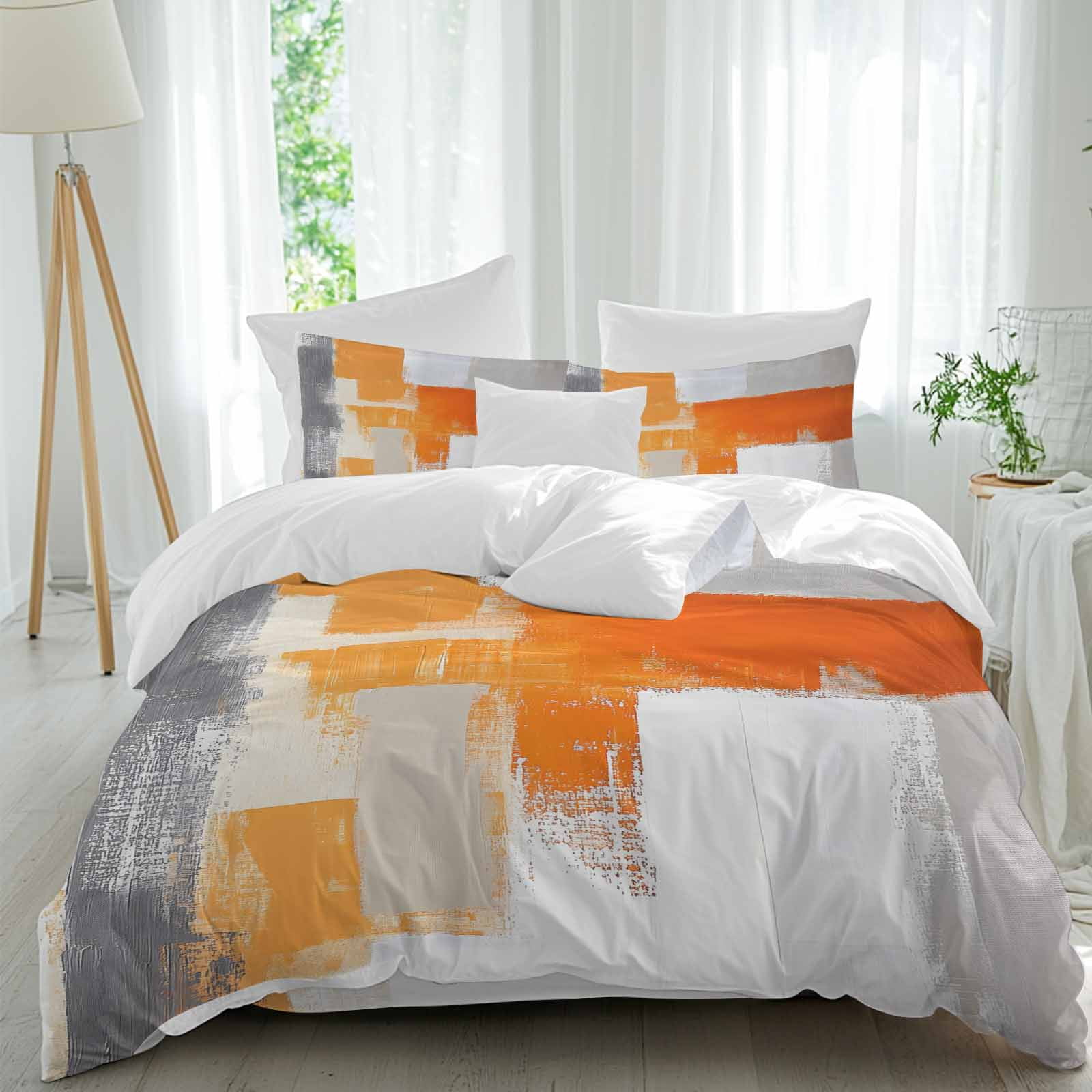 Abstract Orange Full Duvet Cover Set, Gray Graffiti Color Block ...