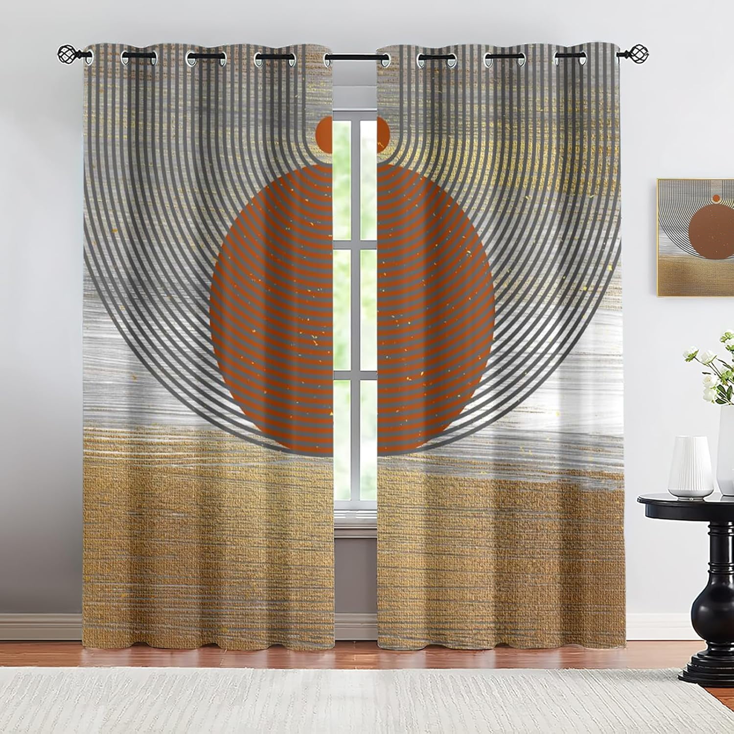 Abstract Orange Geometric Grommet Curtains For Bedroom, Colorful ...