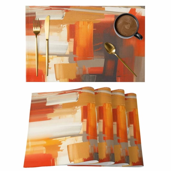 Abstract Orange Graffiti Cotton Linen Placemats Set of 6, Mottled Beige ...