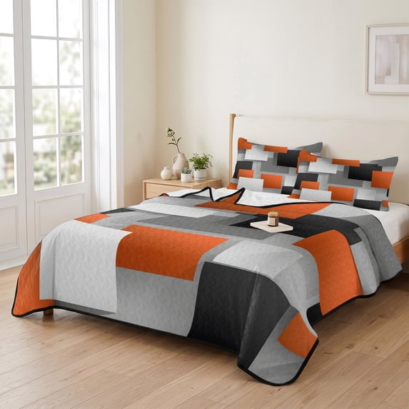 Abstract Orange Gray Color Block 3 Pieces Quilt Set,1 Quilt with 2 ...