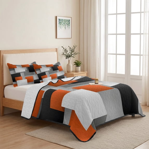 Abstract Orange Gray Color Block 3 Pieces Quilt Set,1 Quilt with 2 ...
