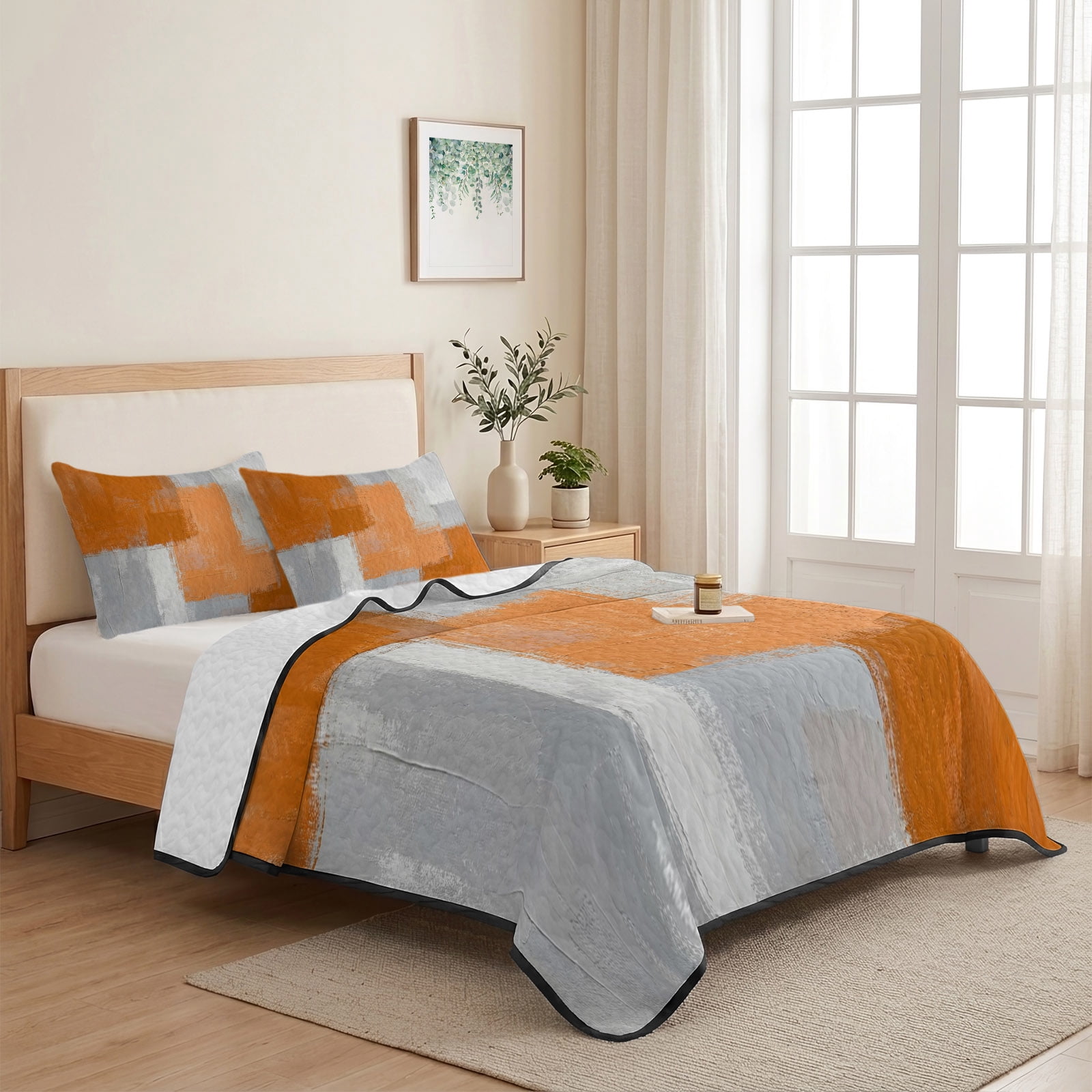 Abstract Orange Gray Color Block 3 Pieces Quilt Set,1 Quilt with 2 ...
