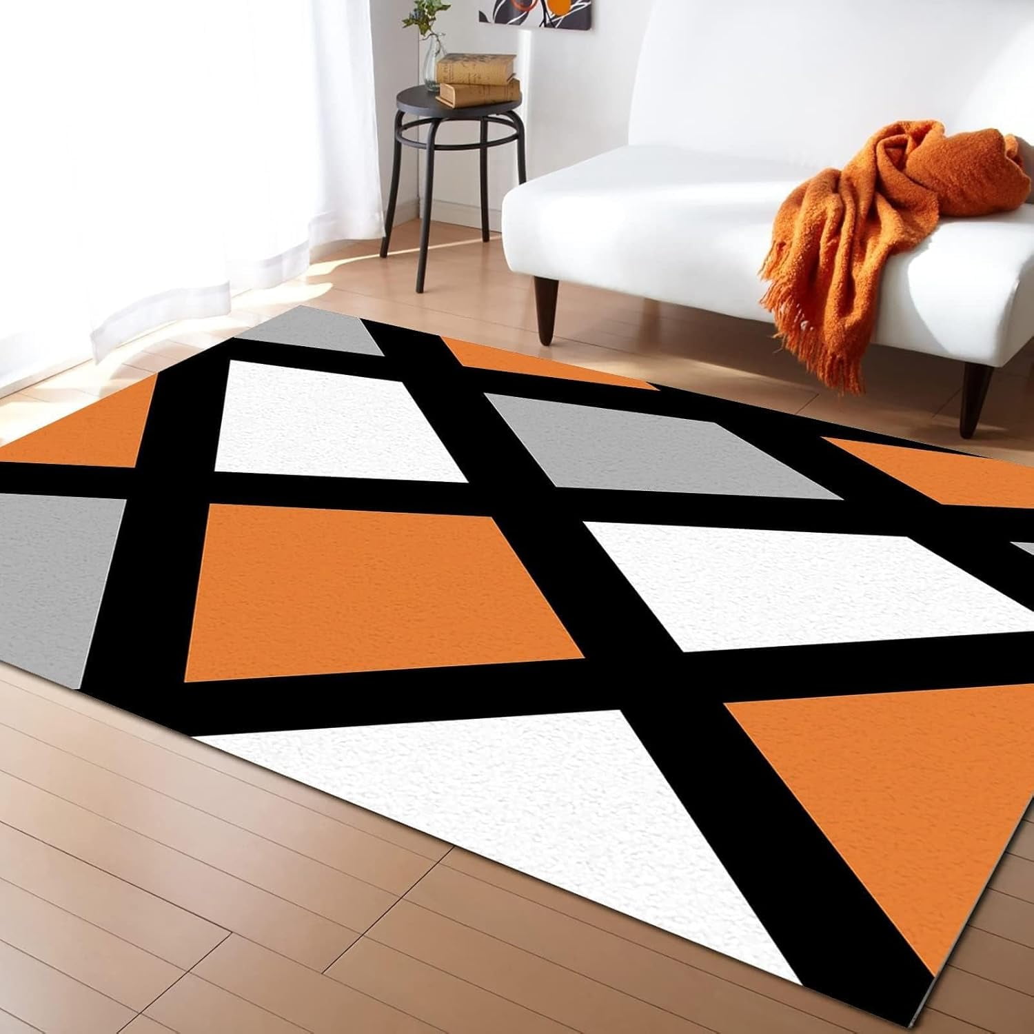 Abstract Orange Gray White Irregular Geometry Area Rug, Modern Black ...