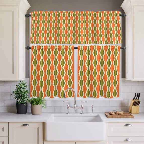 Abstract Orange Green Ripple Curtain Tier and Valance Set 3 Piece ...