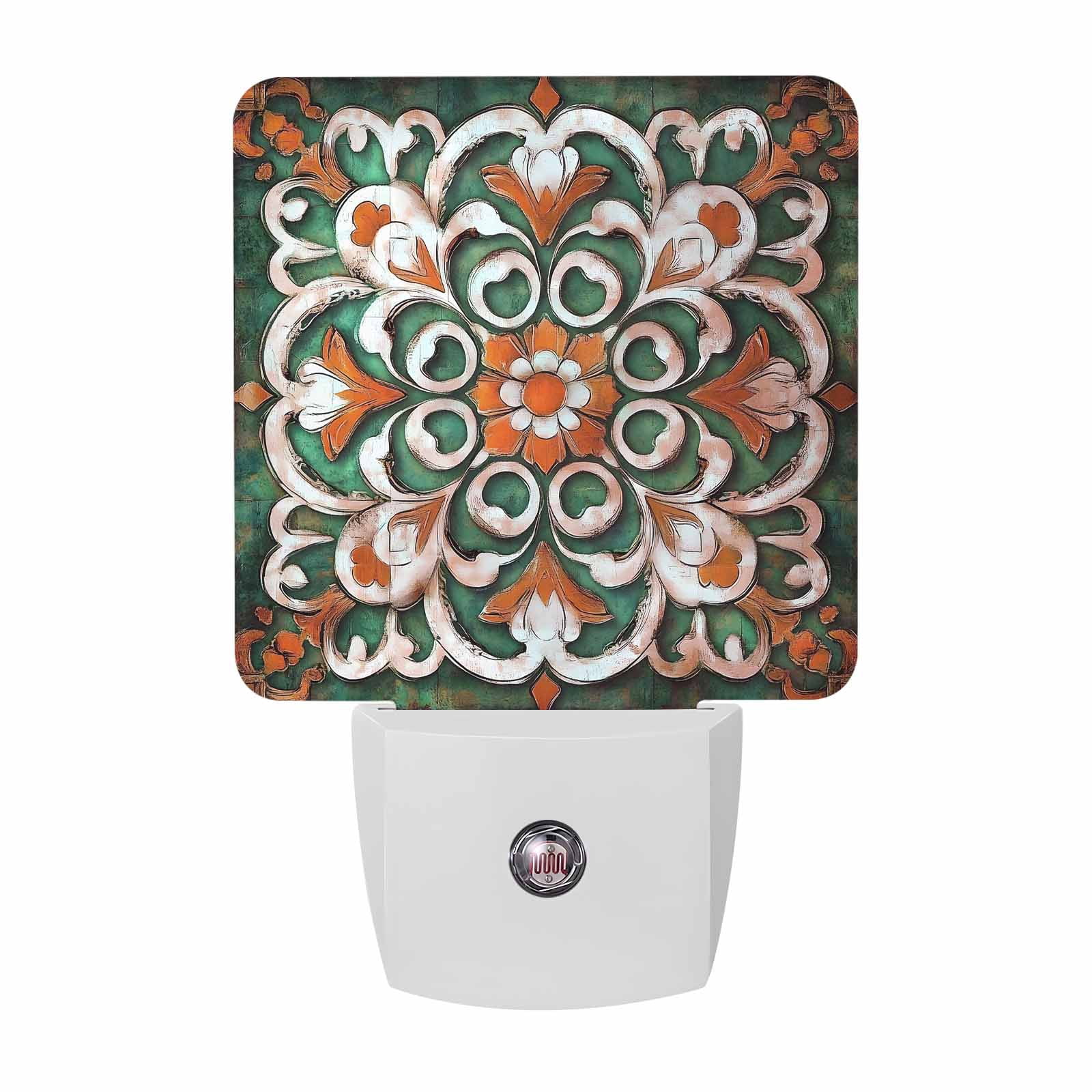 Abstract Orange Green White Flowers Plug-in LED Night Lights Ethnic ...