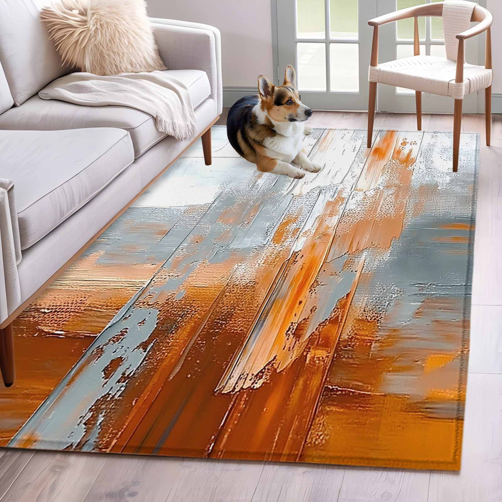 Abstract Orange Grey Area Rug 3x5 FT, Non Slip Entryway Bedside Carpet ...