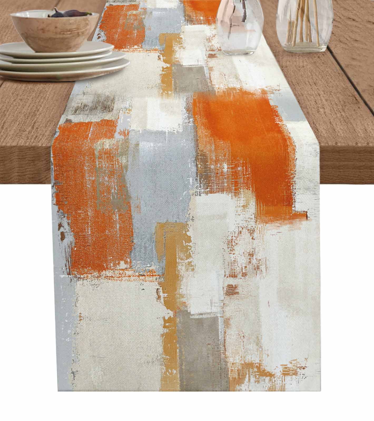 Abstract Orange Grey Burlap Cotton Table Runner 13x120 Inches Long ...
