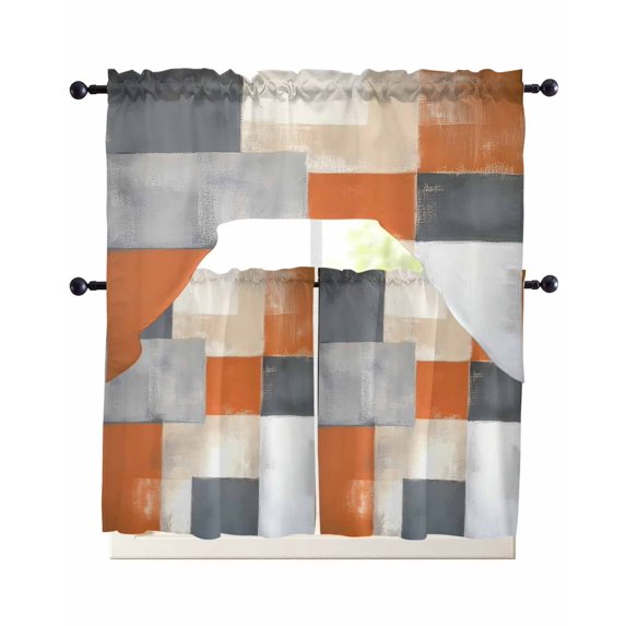 Abstract Orange Grey Kitchen Curtain and Valance Set 3 Pieces,Rod ...