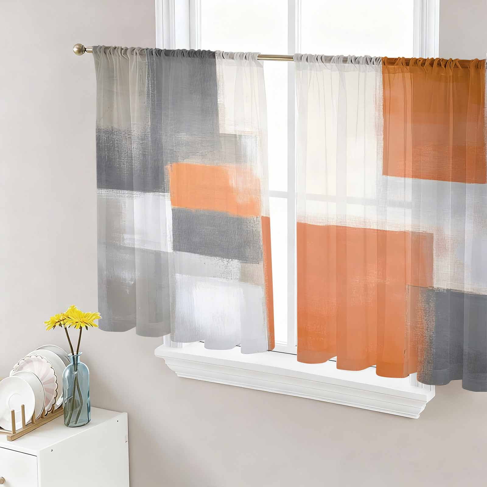 Abstract Orange Grey Semi Sheer Window Curtains 54 Inches Long, Modern ...