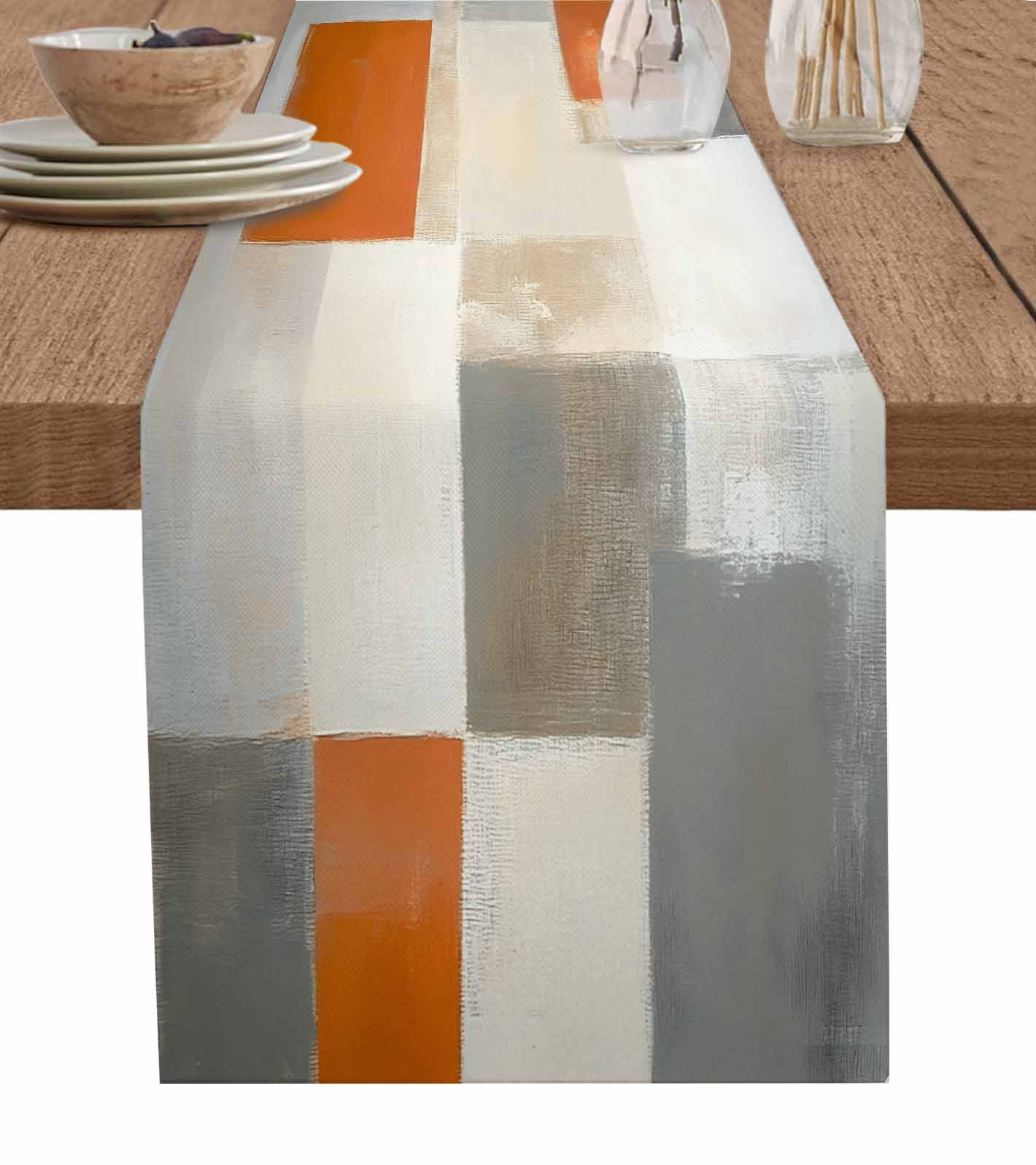 Abstract Orange Grey Table Runner Cotton Linen 72 Inch Holiday Dresser ...
