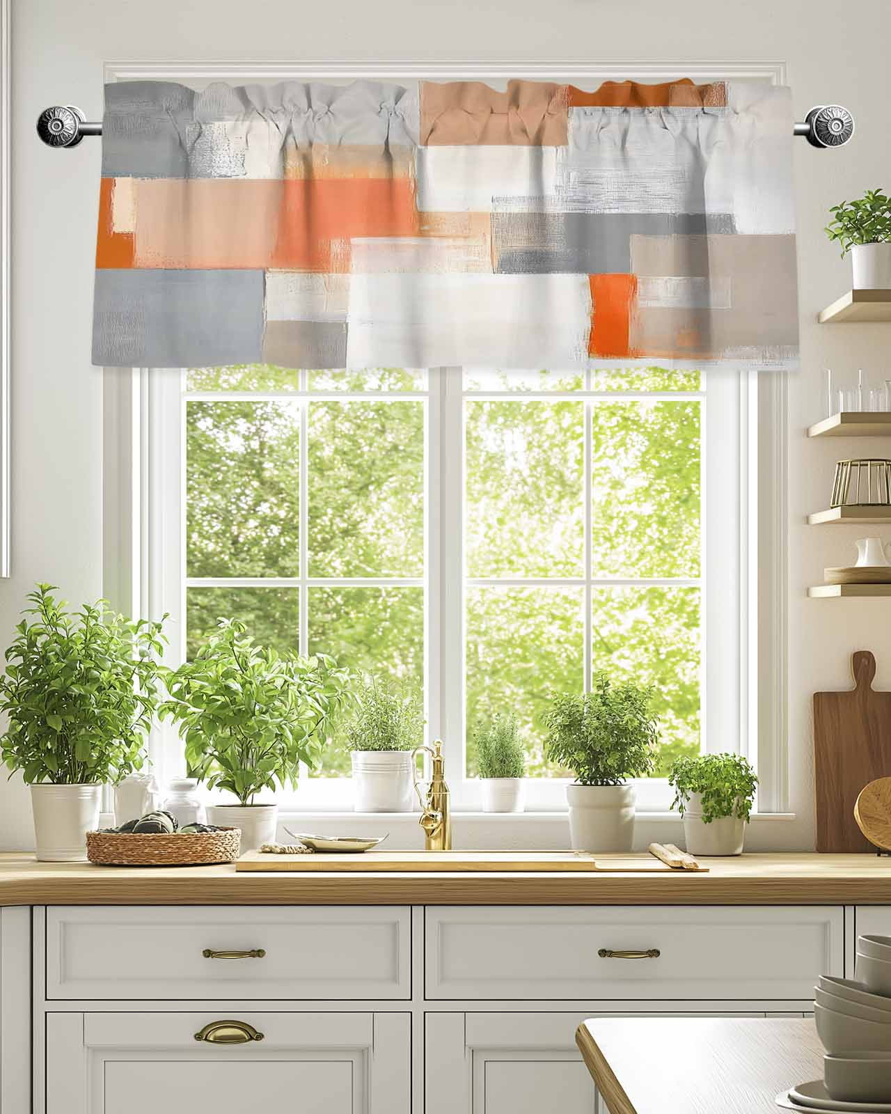 Abstract Orange Grey White Color Block Valances for Windows,Kitchen ...