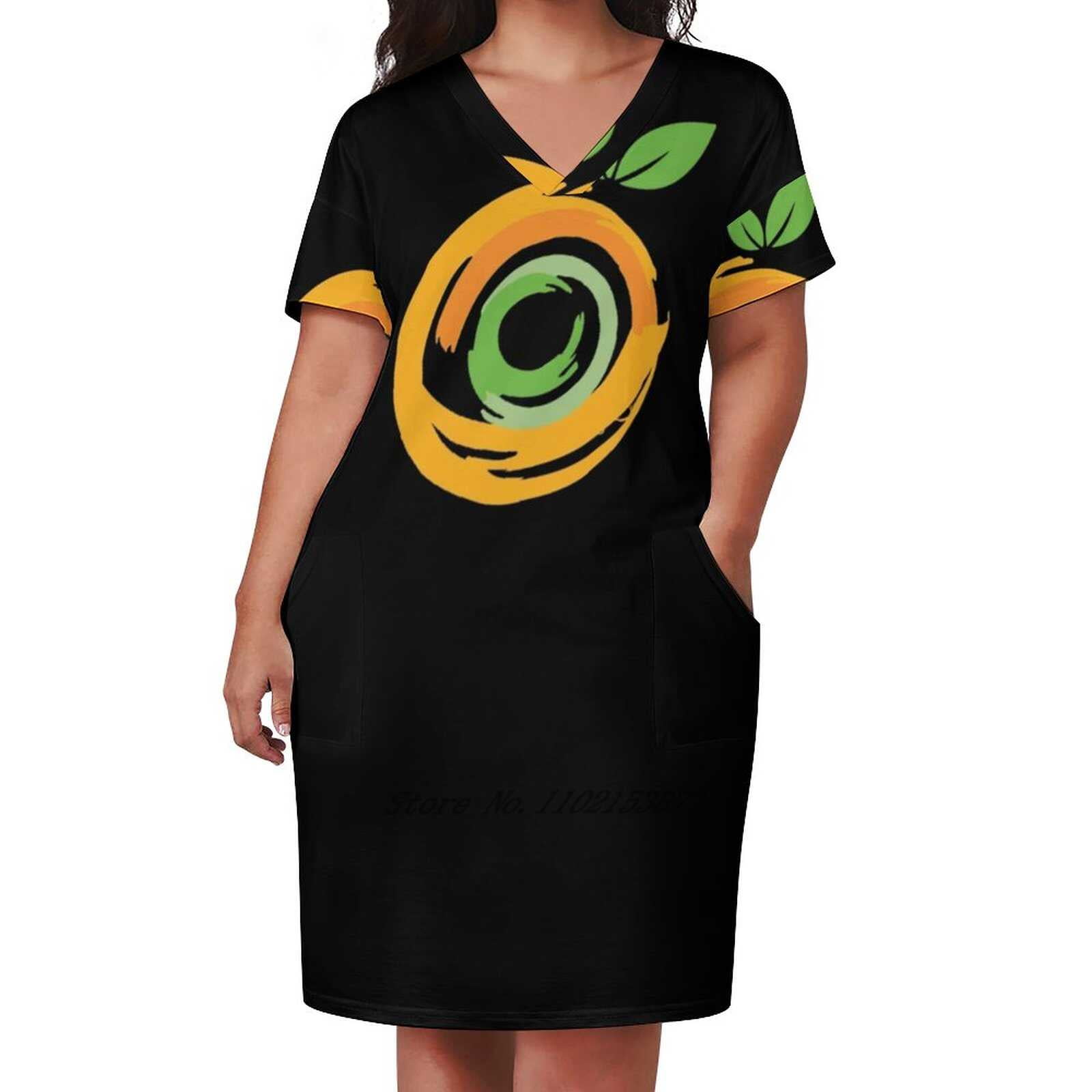 Abstract Orange Loose Pocket Dress Fashion Print Dress Short Sleeve V-Neck A-Line Dress Orange ...