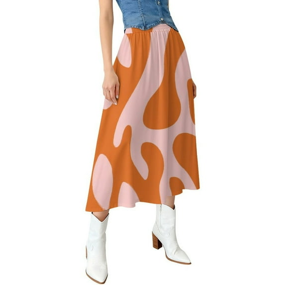 Abstract Orange Pink Pattern Design Women High Waist Midi Skirt Elegant ...
