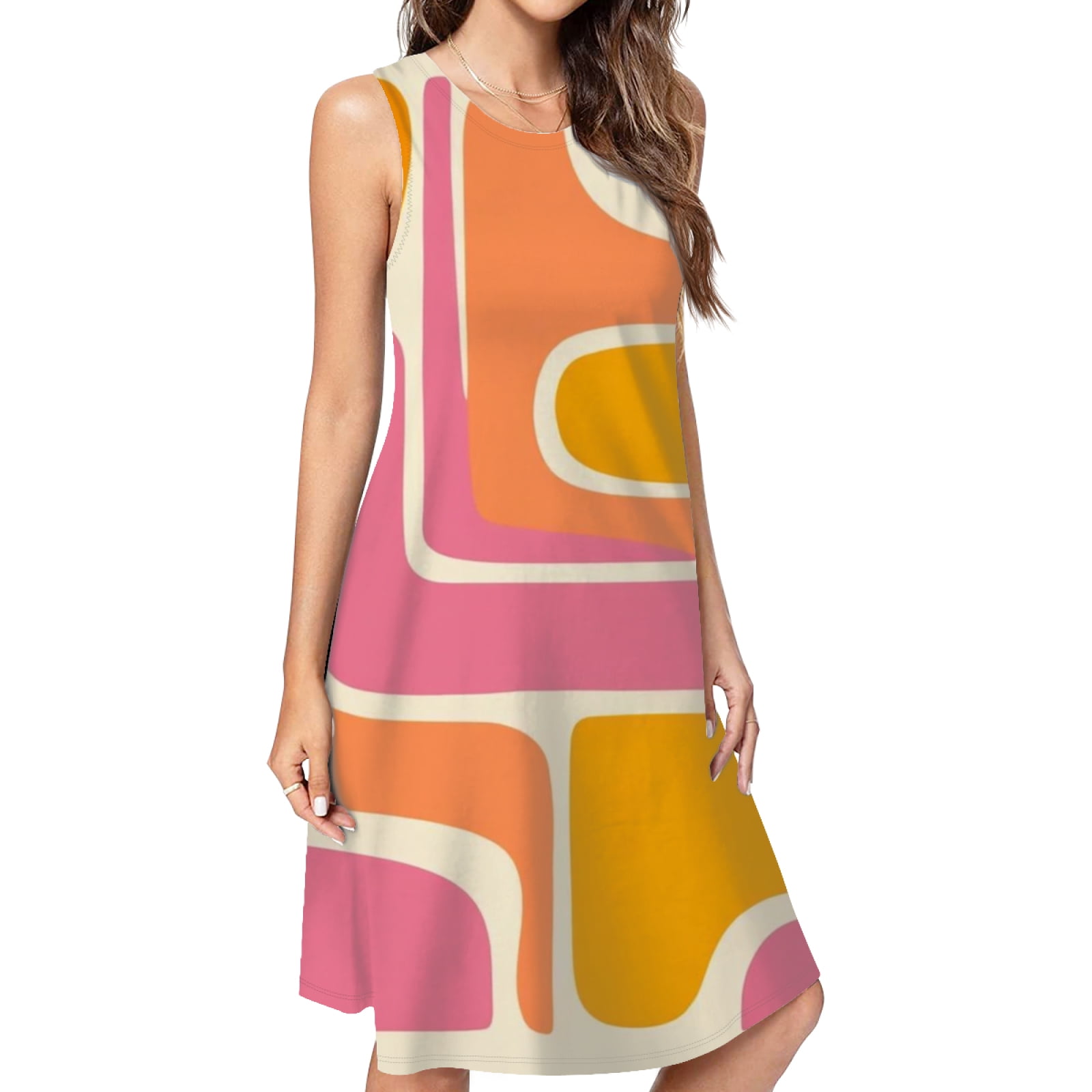 Abstract Orange Pink Shapes Art Casual Sleeveless Loose Sundress Dress ...
