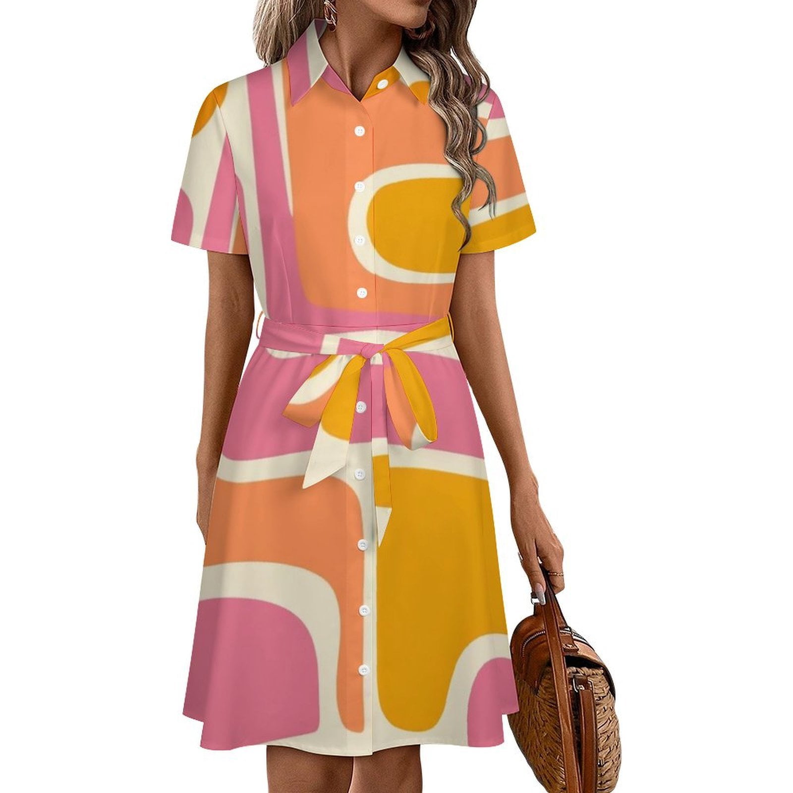 Abstract Orange Pink Shapes Art Womens Shirt Dresses Women'S Short ...