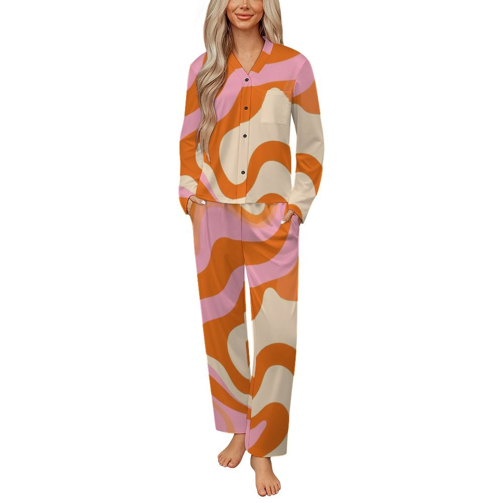 Abstract Orange Pink Swirl Art Womens Pyjamas Set Button Up Pyjamas ...