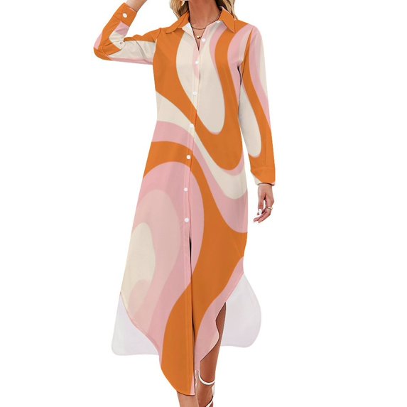 Abstract Orange Pink Swirl Pattern Shirt Dress Long Sleeve Street ...