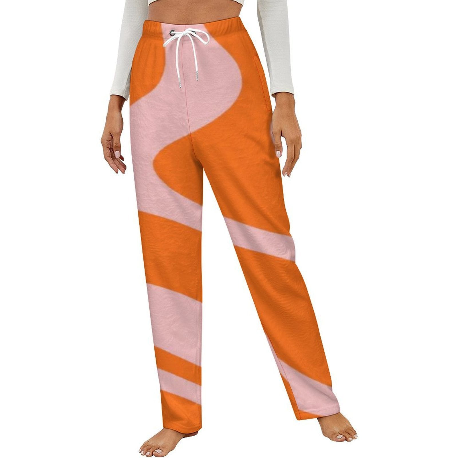 Abstract Orange Pink Wavy Design Winter Female Pants Flannel High Waist ...