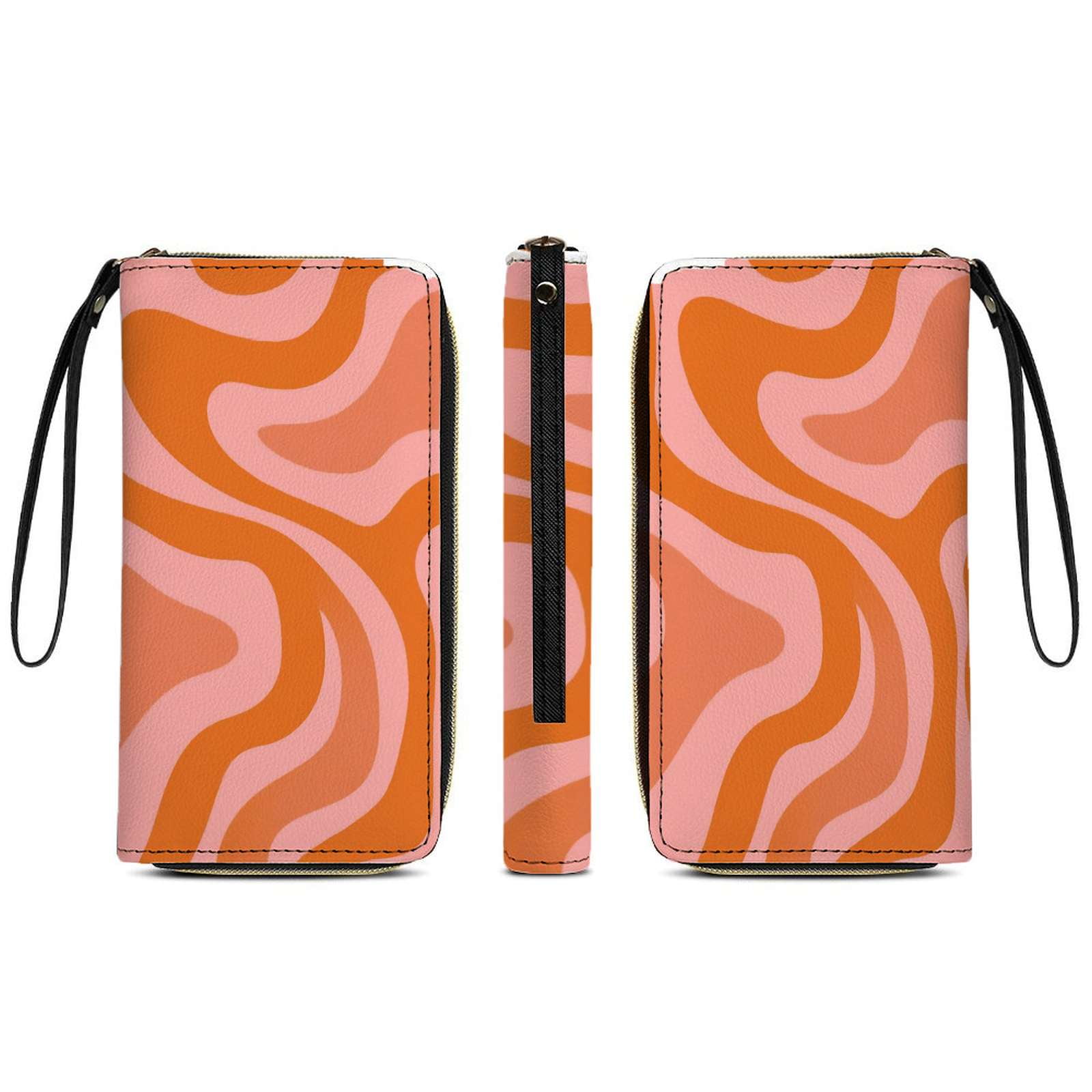 Abstract Orange Pink Wavy Lines Long Wallets For Women PU Leather Purse ...