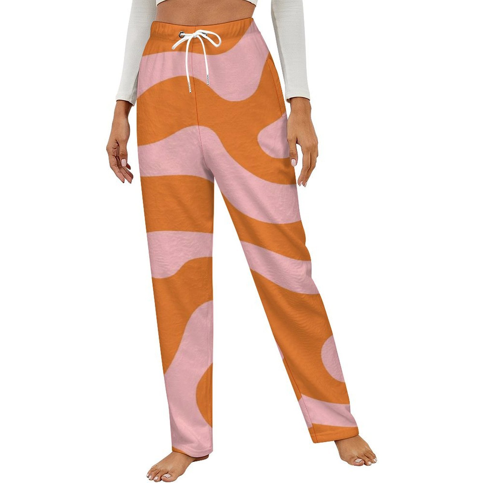 Abstract Orange Pink Wavy Lines Winter Female Pants Flannel High Waist ...