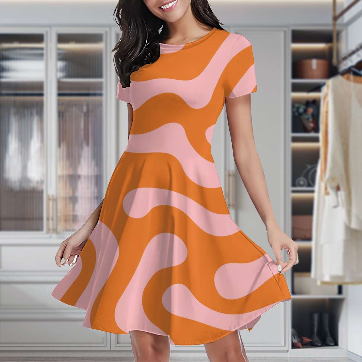 Abstract Orange Pink Wavy Lines Women's Classic Swing Skater Dress ...