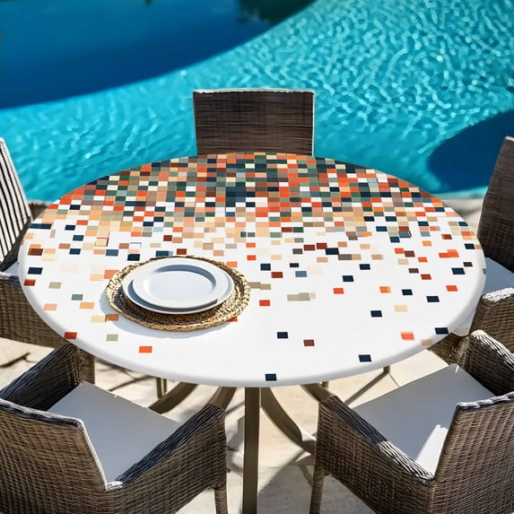 Abstract Orange Red Color Block Round Fitted Tablecloth with Elastic ...