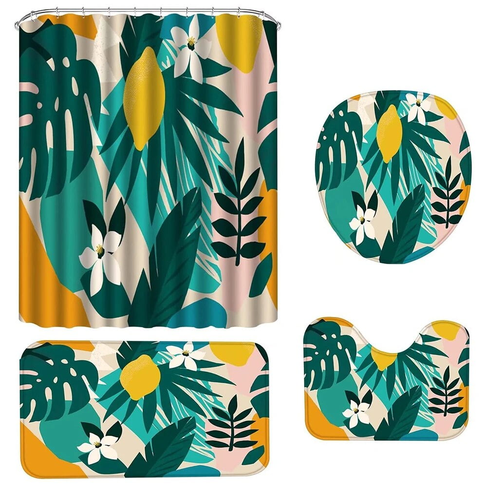Abstract Orange Shower Curtain Sets 4pcs Tropical Plants Leaves Fabric