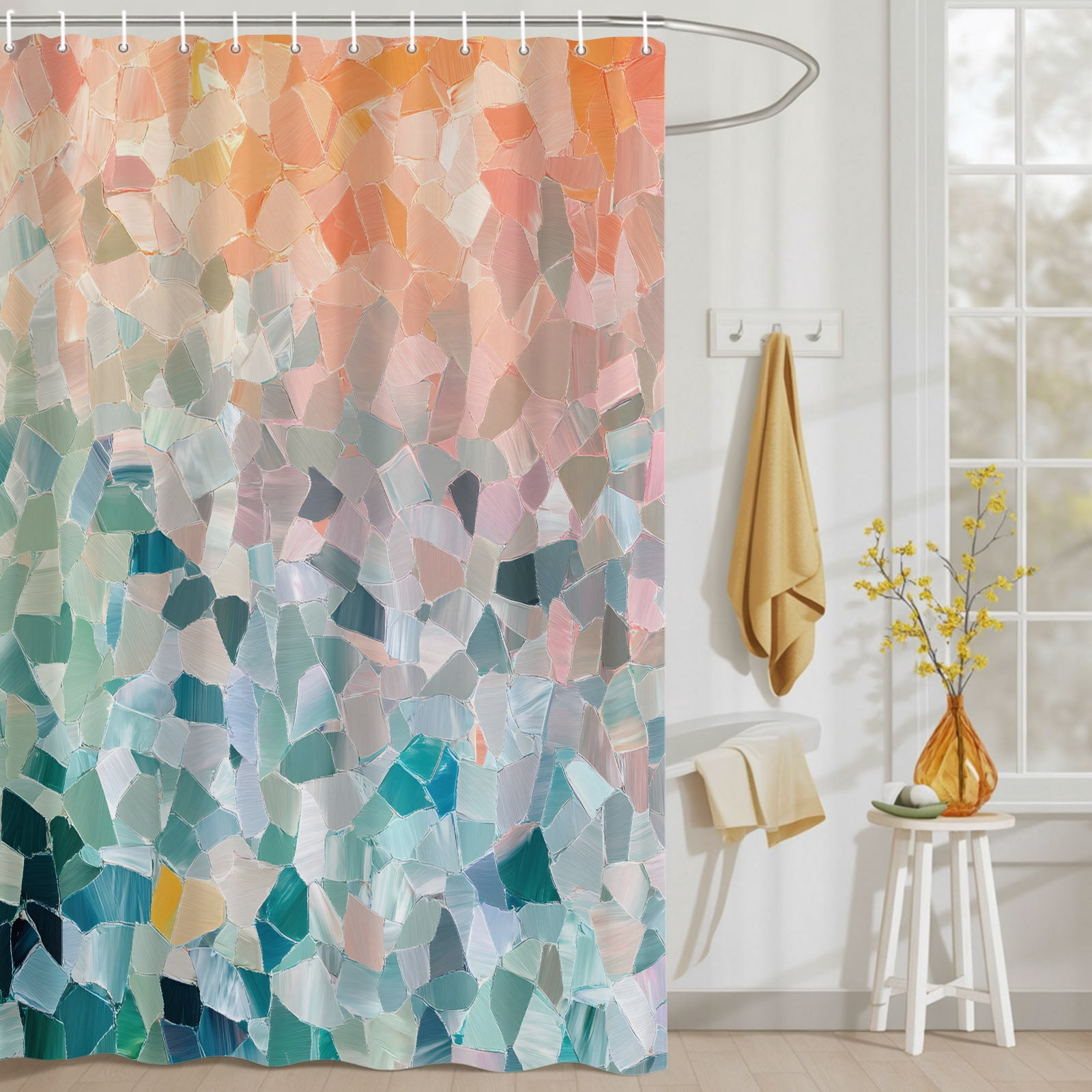 Abstract Orange Teal Splicing Art Shower Curtain Set, Waterproof Shower ...